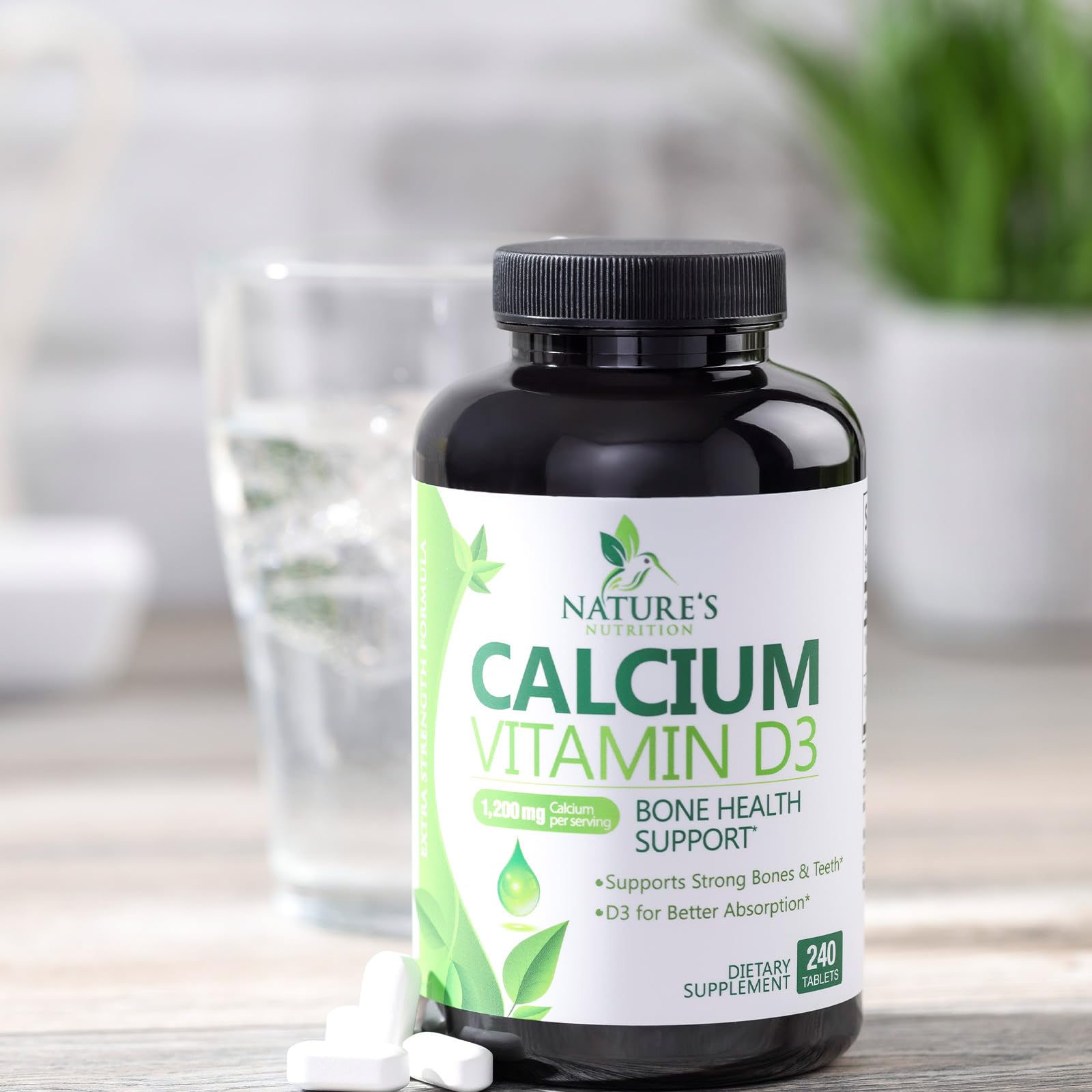 Calcium 1200 mg Plus Vitamin D3, Bone Health & Immune Support - Nature's Calcium Supplement with Extra Strength Vitamin D for Extra Strength Carbonate Absorption Dietary Supplement - 240 Tablets