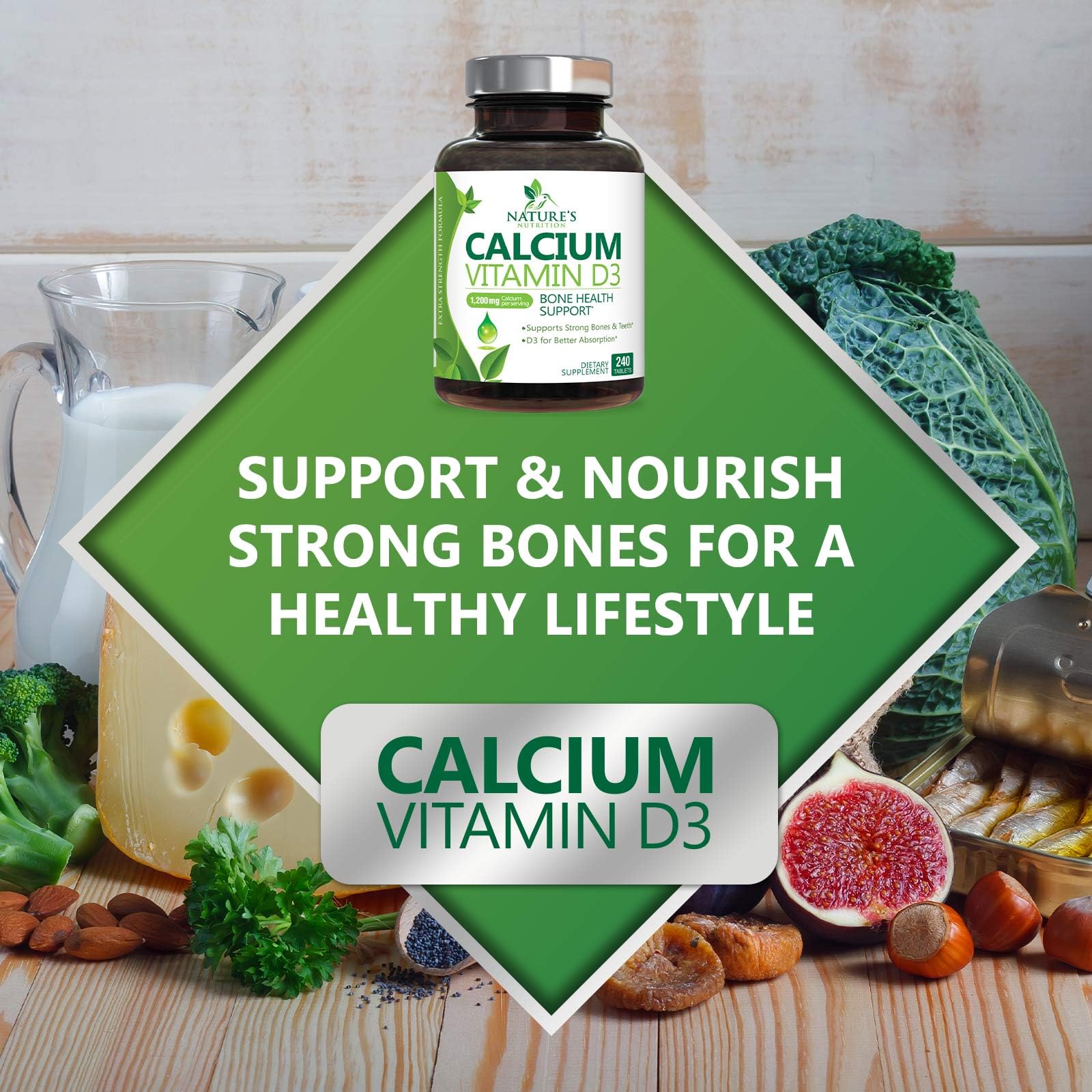 Calcium 1200 mg Plus Vitamin D3, Bone Health & Immune Support - Nature's Calcium Supplement with Extra Strength Vitamin D for Extra Strength Carbonate Absorption Dietary Supplement - 240 Tablets