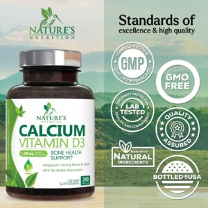 Calcium 1200 mg Plus Vitamin D3, Bone Health & Immune Support - Nature's Calcium Supplement with Extra Strength Vitamin D for Extra Strength Carbonate Absorption Dietary Supplement - 240 Tablets