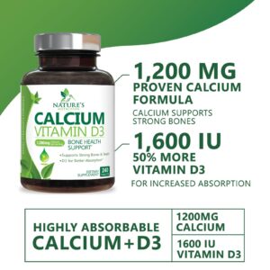 Calcium 1200 mg Plus Vitamin D3, Bone Health & Immune Support - Nature's Calcium Supplement with Extra Strength Vitamin D for Extra Strength Carbonate Absorption Dietary Supplement - 240 Tablets