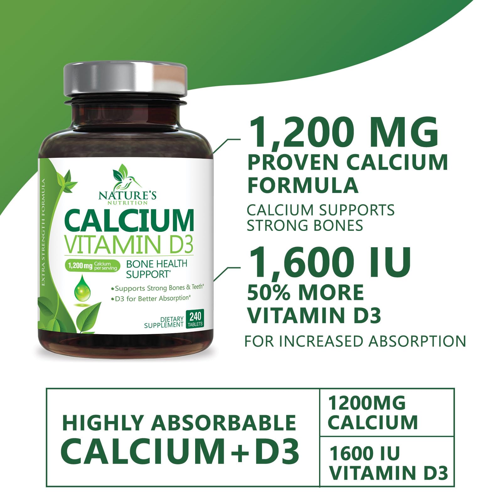 Calcium 1200 mg Plus Vitamin D3, Bone Health & Immune Support - Nature's Calcium Supplement with Extra Strength Vitamin D for Extra Strength Carbonate Absorption Dietary Supplement - 240 Tablets