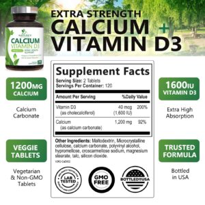 Calcium 1200 mg Plus Vitamin D3, Bone Health & Immune Support - Nature's Calcium Supplement with Extra Strength Vitamin D for Extra Strength Carbonate Absorption Dietary Supplement - 240 Tablets