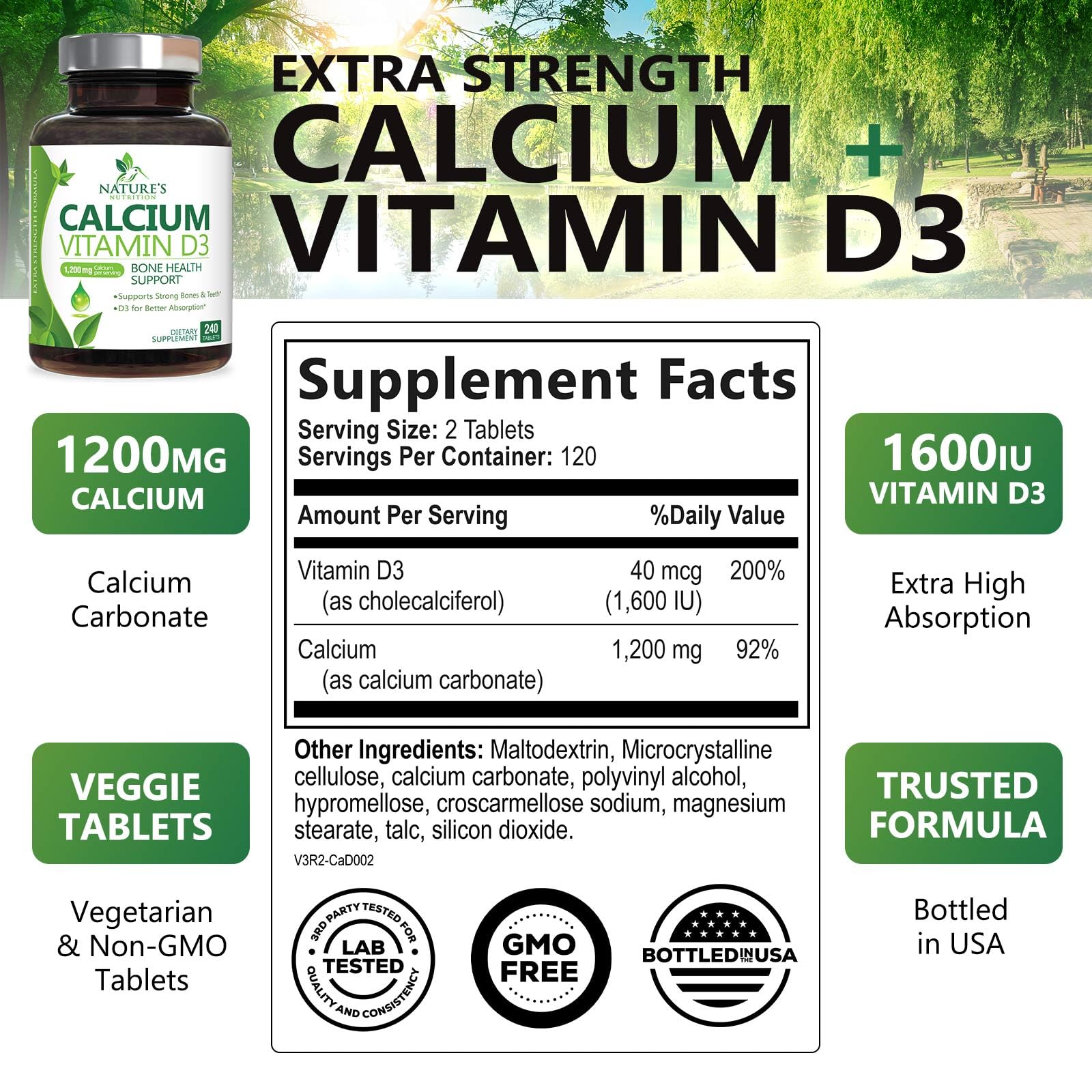 Calcium 1200 mg Plus Vitamin D3, Bone Health & Immune Support - Nature's Calcium Supplement with Extra Strength Vitamin D for Extra Strength Carbonate Absorption Dietary Supplement - 240 Tablets