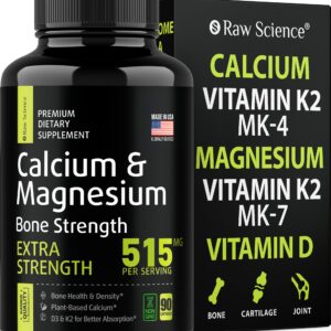 Calcium Magnesium Supplement, Bone Strength Supplements, Сalcium with Vitamin D & K2, Plant Based Calcium Pills for Women and Men, Magnesium + Calcium Supplement 515MG Per Serving, 90 Capsules