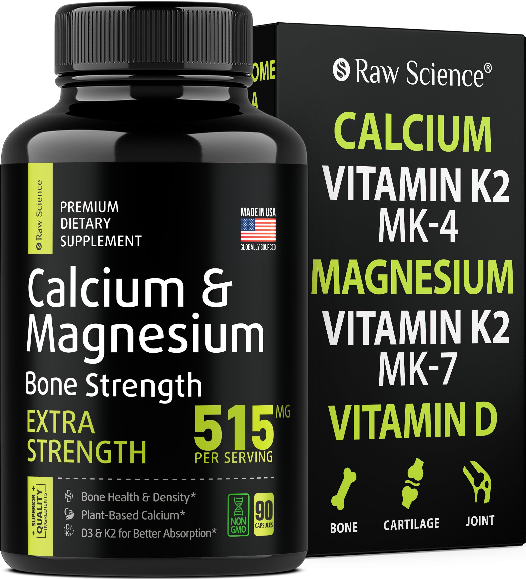 Calcium Magnesium Supplement, Bone Strength Supplements, Сalcium with Vitamin D & K2, Plant Based Calcium Pills for Women and Men, Magnesium + Calcium Supplement 515MG Per Serving, 90 Capsules