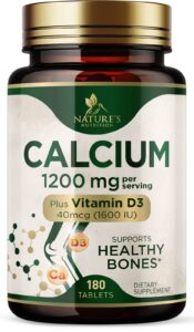 calcium 1200 mg with vitamin d3, calcium supplement vitamins, supports bone strength, teeth & immune system, calcium supplements for women & men, nature's absorbable calcium carbonate - 180 tablets