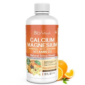 bio naturals calcium & magnesium liquid supplement with vitamin d3 - natural formula, four types of calcium supports strong bones with superior absorption to pills - 100% vegetarian - 32 fl oz