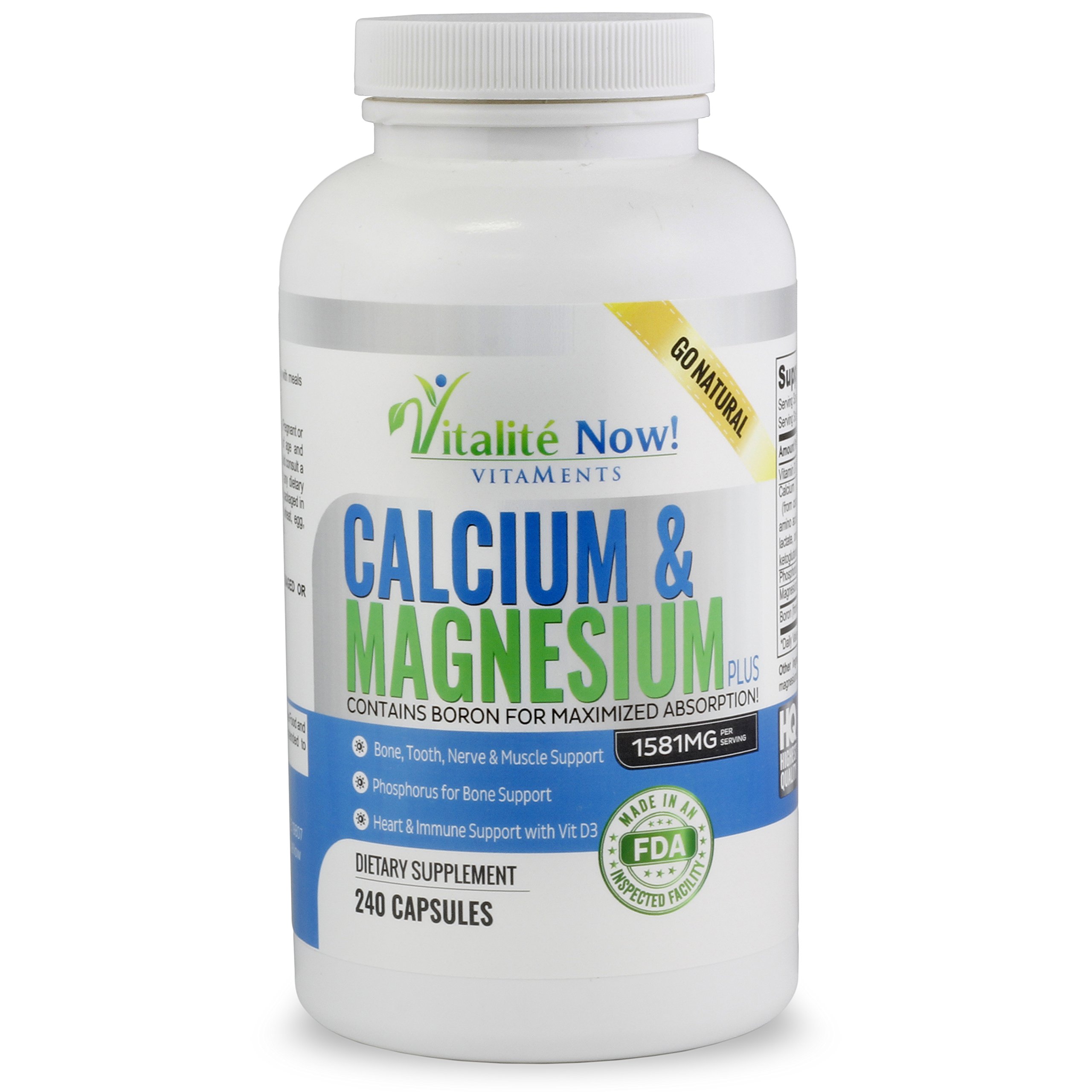 Best Calcium & Magnesium + Vitamin D3 400 IU - Highly Absorbable with Boron - 10 Forms of Calcium + Phosphorus for Bone Strength - All Natural - 240 Capsules - 2 Month Supply!