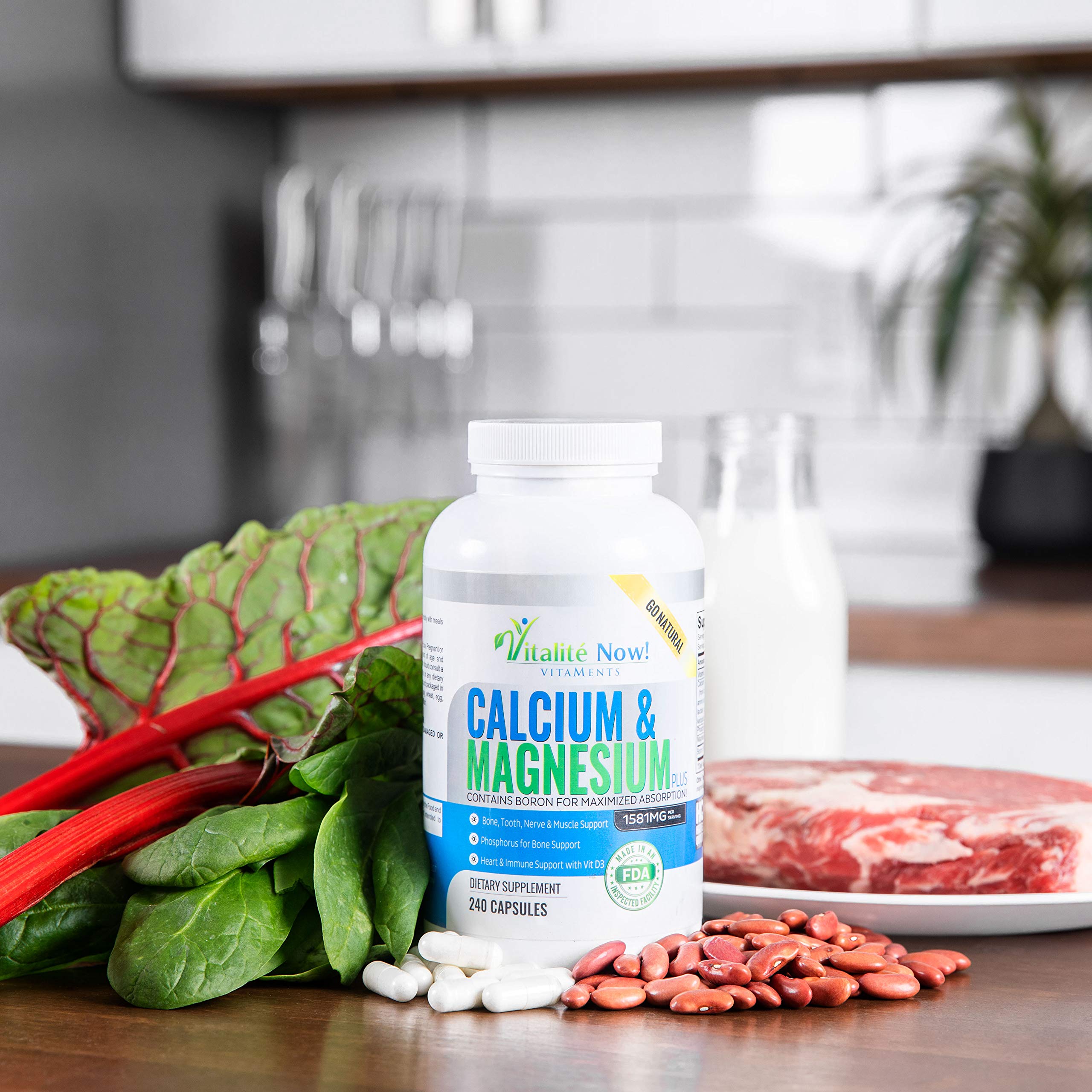 Best Calcium & Magnesium + Vitamin D3 400 IU - Highly Absorbable with Boron - 10 Forms of Calcium + Phosphorus for Bone Strength - All Natural - 240 Capsules - 2 Month Supply!