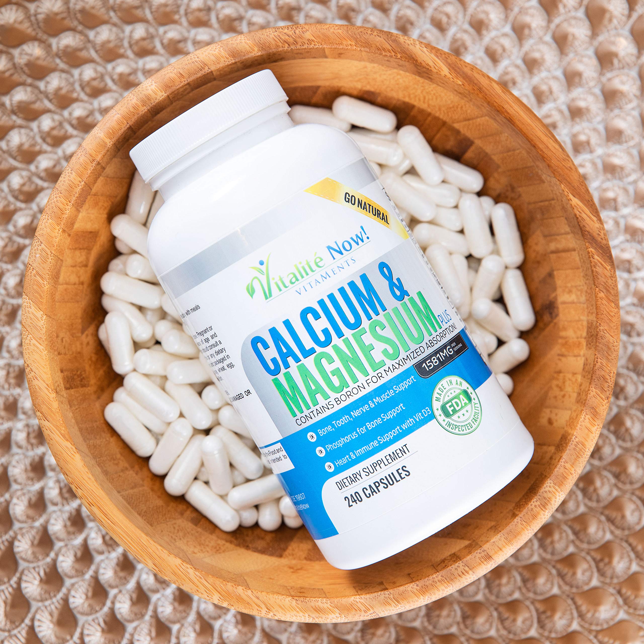 Best Calcium & Magnesium + Vitamin D3 400 IU - Highly Absorbable with Boron - 10 Forms of Calcium + Phosphorus for Bone Strength - All Natural - 240 Capsules - 2 Month Supply!