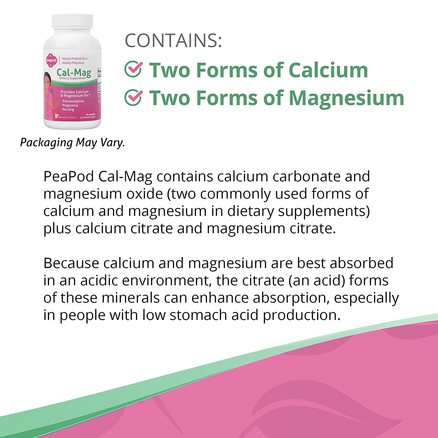 Fairhaven Health Peapod Cal-Mag | Pregnancy & Lactation Supplement | Contains Calcium, Magnesium, & Vitamin D3 for Pregnancy, Baby and Female Health | Gluten & Dairy Free CalMag | 1 Month Supply