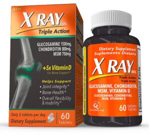 x ray dol triple action glucosamine chondroitin joint support supplement, with msm & 5x vitamin d, knee & hip, supports bone health, flexibility & mobility, adults & seniors, 60 count, 1-pack