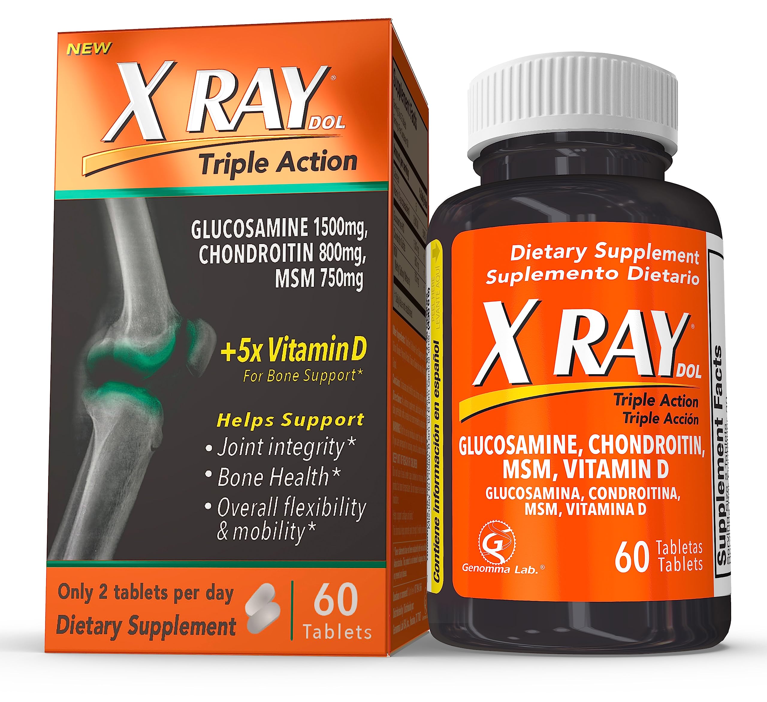 X Ray Dol Triple Action Glucosamine Chondroitin Joint Support Supplement, with MSM & 5X Vitamin D, Knee & Hip, Supports Bone Health, Flexibility & Mobility, Adults & Seniors, 60 Count, 1-Pack