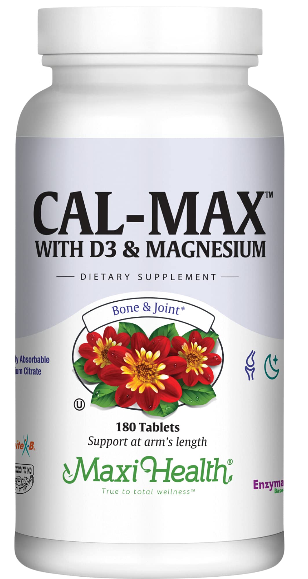 Maxi Health Calcium Magnesium Supplement with Vitamin D3 and Boron - Kosher Bone Health & Nighttime Formula, Calcium Citrate CalMag & Vitamin D (180 Tablets)