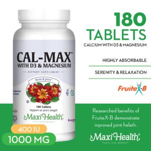 Maxi Health Calcium Magnesium Supplement with Vitamin D3 and Boron - Kosher Bone Health & Nighttime Formula, Calcium Citrate CalMag & Vitamin D (180 Tablets)