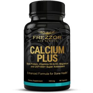 frezzor calcium plus with uaf1000+, new zealand natural raw calcium supplement for bones, teeth, gut health, & cardiovascular support, phosphorus, magnesium, collagen, selenium, 90 capsules, 1 bottle