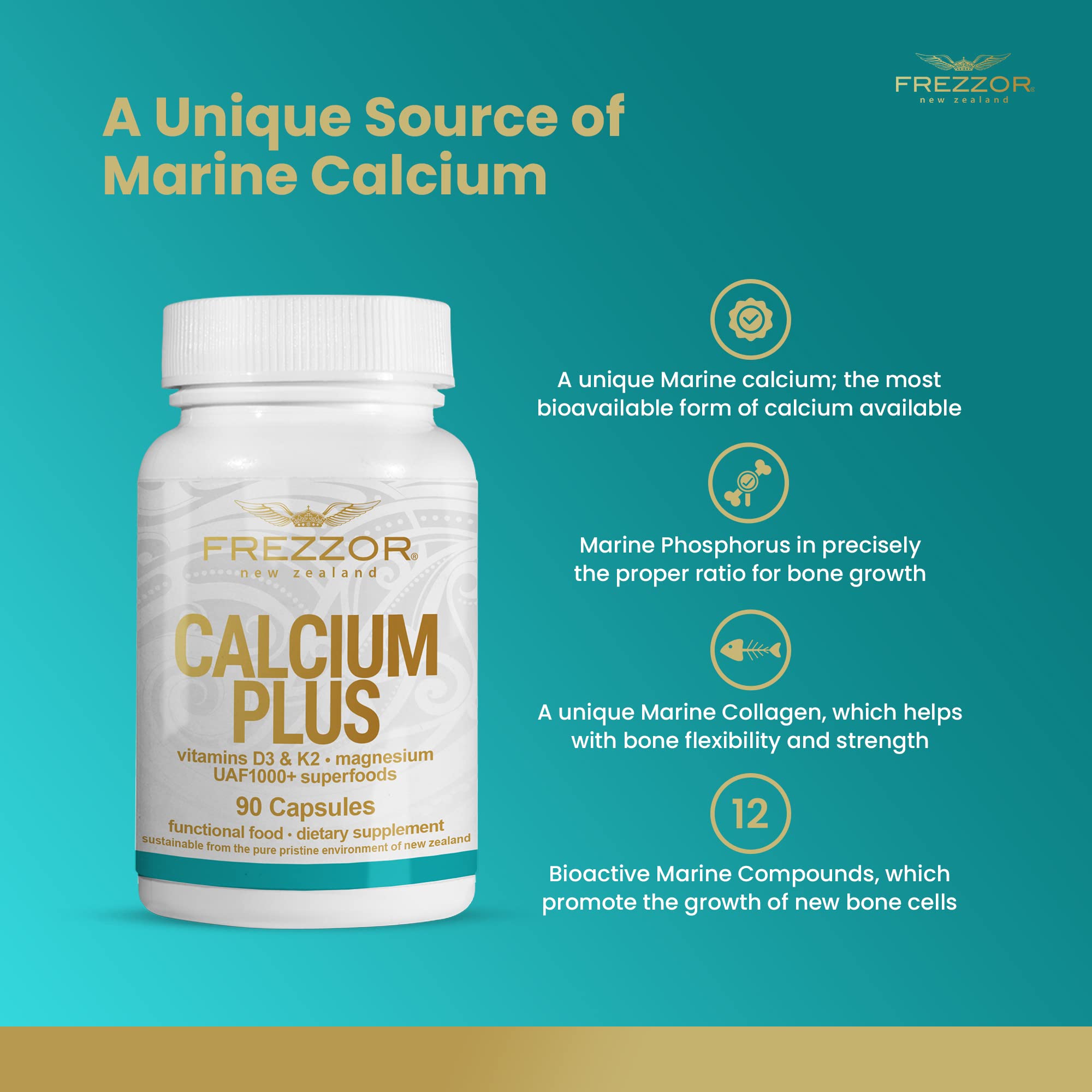 FREZZOR Calcium Plus with UAF1000+, New Zealand Natural Raw Calcium Supplement for Bones, Teeth, Gut Health, & Cardiovascular Support, Phosphorus, Magnesium, Collagen, Selenium, 90 capsules, 1 Bottle