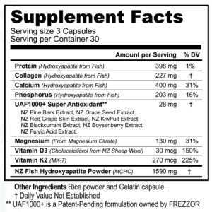 FREZZOR Calcium Plus with UAF1000+, New Zealand Natural Raw Calcium Supplement for Bones, Teeth, Gut Health, & Cardiovascular Support, Phosphorus, Magnesium, Collagen, Selenium, 90 capsules, 1 Bottle