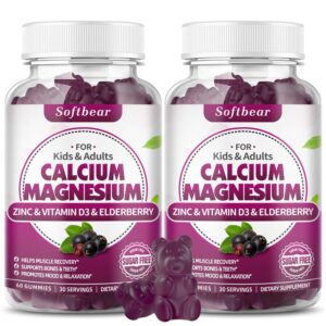 softbear calcium magnesium zinc gummies for women, high absorption calcium magnesium supplement chewable calcium 600 mg for bone strength vegan elderberry flavor 120 gummies