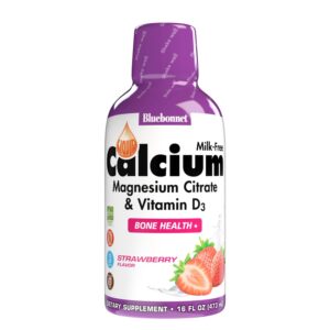 bluebonnet nutrition liquid calcium citrate calcium citrate, magnesium citrate, vitamin d3, bone health, gluten free, soy free, milk free, kosher, 32 servings, strawberry flavor, 16 fl oz (pack of 1)