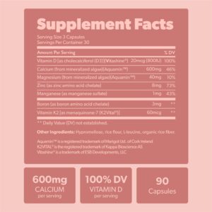 Calcium Supplement - Whole Food with Vitamin K2 & D3, Magnesium, Zinc, Boron, Mineral Complex. Sourced Sustainably from Red Algae. for Bone Strength and Support. Non-GMO & Vegan 90 Capsules.