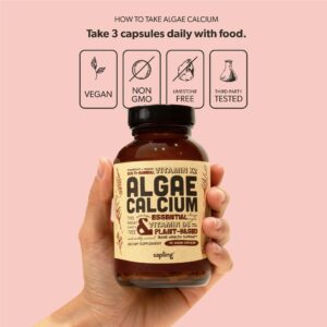 Calcium Supplement - Whole Food with Vitamin K2 & D3, Magnesium, Zinc, Boron, Mineral Complex. Sourced Sustainably from Red Algae. for Bone Strength and Support. Non-GMO & Vegan 90 Capsules.