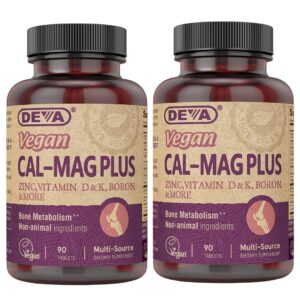 deva vegan calcium magnesium supplement plus, zinc, vitamin c, vitamin d, vitamin k, boron, sugar free & gluten free, 90-tablets, 2-pack