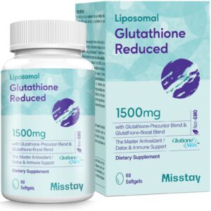 misstay 2400 mg complex liposomal glutathione softgels 1500 mg, highest absorption, active form reduced glutathione supplement, l-glutathione (gsh) supplement for immune, 60 softgels