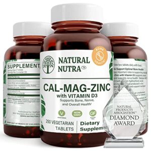 natural nutra calcium magnesium zinc supplement with vitamin d3 for bone strength, gluten free and sugar-free, essential mineral complex, 1000/500/25 mg (250 count)