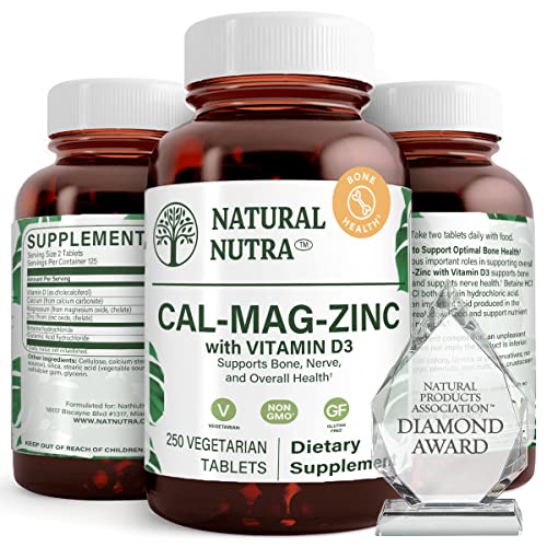 Natural Nutra Calcium Magnesium Zinc Supplement with Vitamin D3 for Bone Strength, Gluten Free and Sugar-Free, Essential Mineral Complex, 1000/500/25 mg (250 Count)