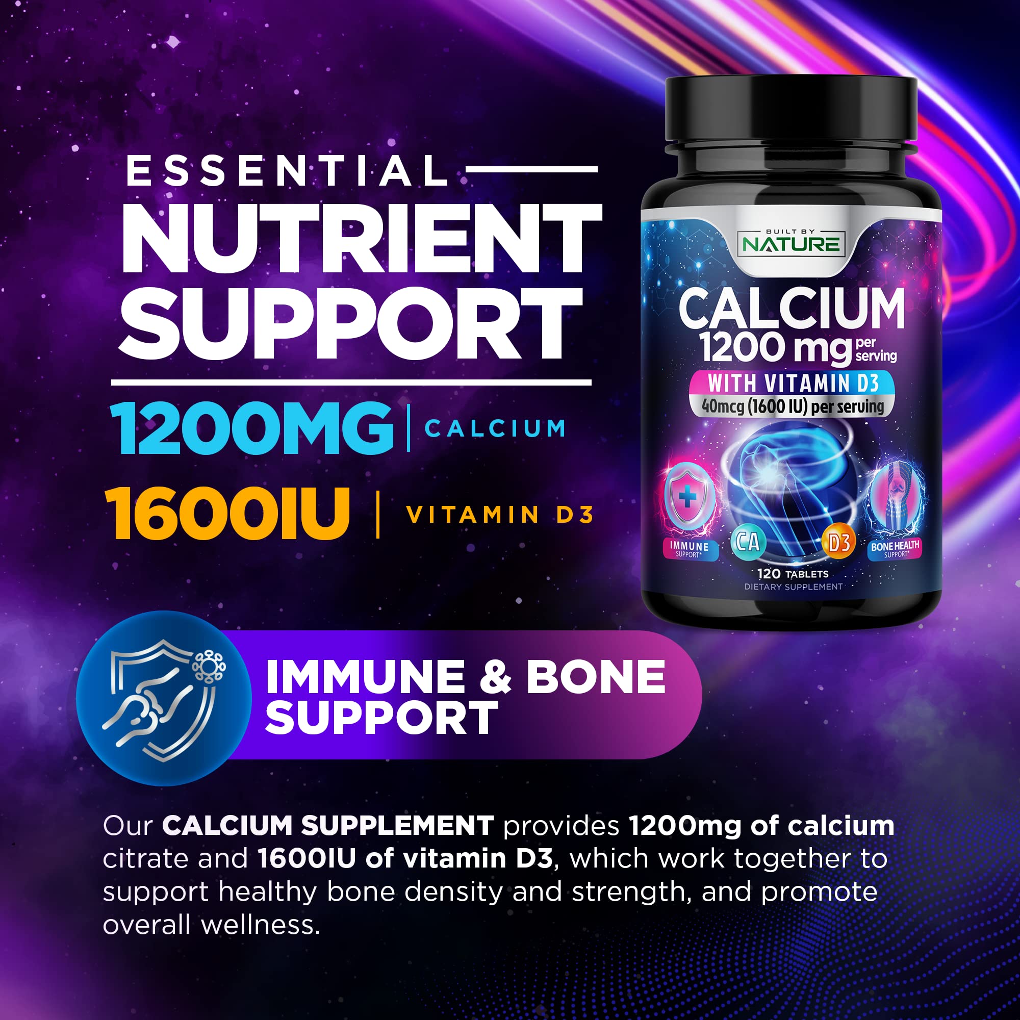 Calcium 1200mg with Vitamin D3 for Best Absorption - Advanced Bone Support Supplement, 1200 mg Calcium Carbonate & 1600 IU Vitamin D3, Slow Release for Immune Support, Easy to Swallow, 120 Tablets