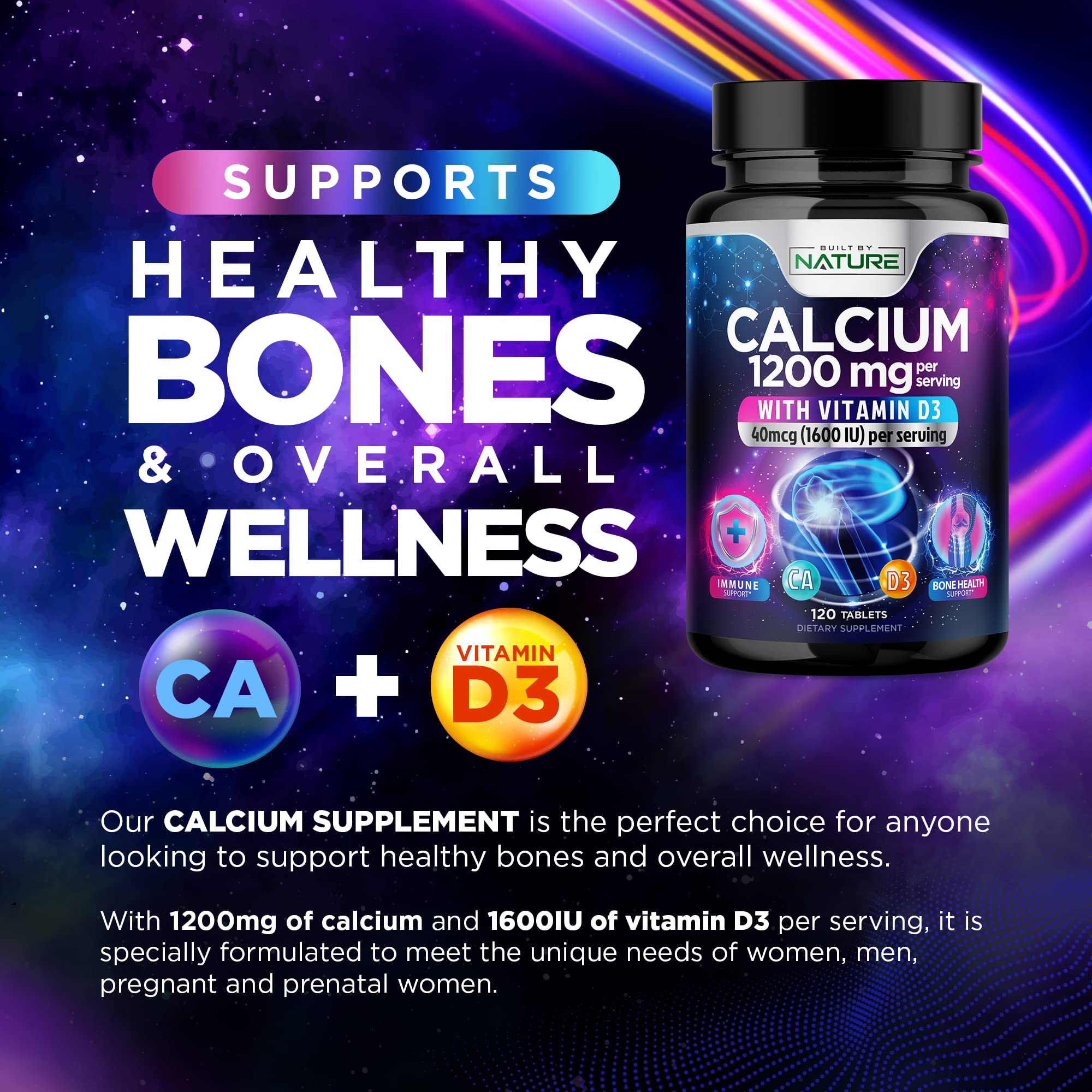 Calcium 1200mg with Vitamin D3 for Best Absorption - Advanced Bone Support Supplement, 1200 mg Calcium Carbonate & 1600 IU Vitamin D3, Slow Release for Immune Support, Easy to Swallow, 120 Tablets