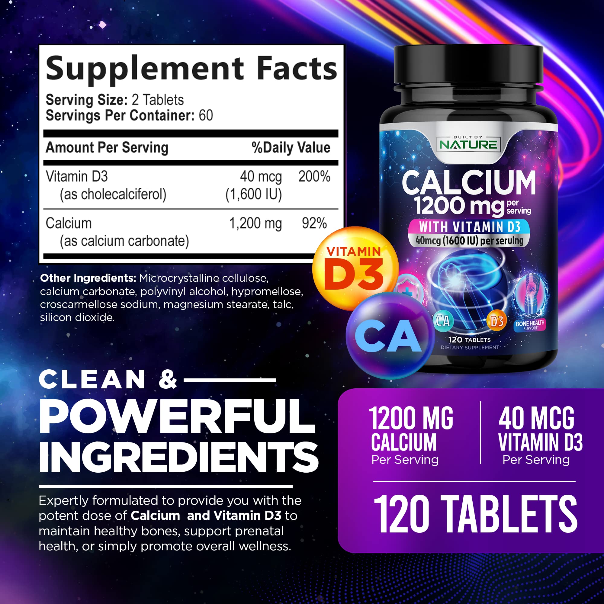 Calcium 1200mg with Vitamin D3 for Best Absorption - Advanced Bone Support Supplement, 1200 mg Calcium Carbonate & 1600 IU Vitamin D3, Slow Release for Immune Support, Easy to Swallow, 120 Tablets