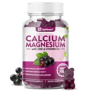 calcium magnesium zinc with vitamin d3 supplement, sugar free calcium gummies for women men, high absorption zinc gummies for bone & muscle & immune health, vegan elderberry flavor - 60 count