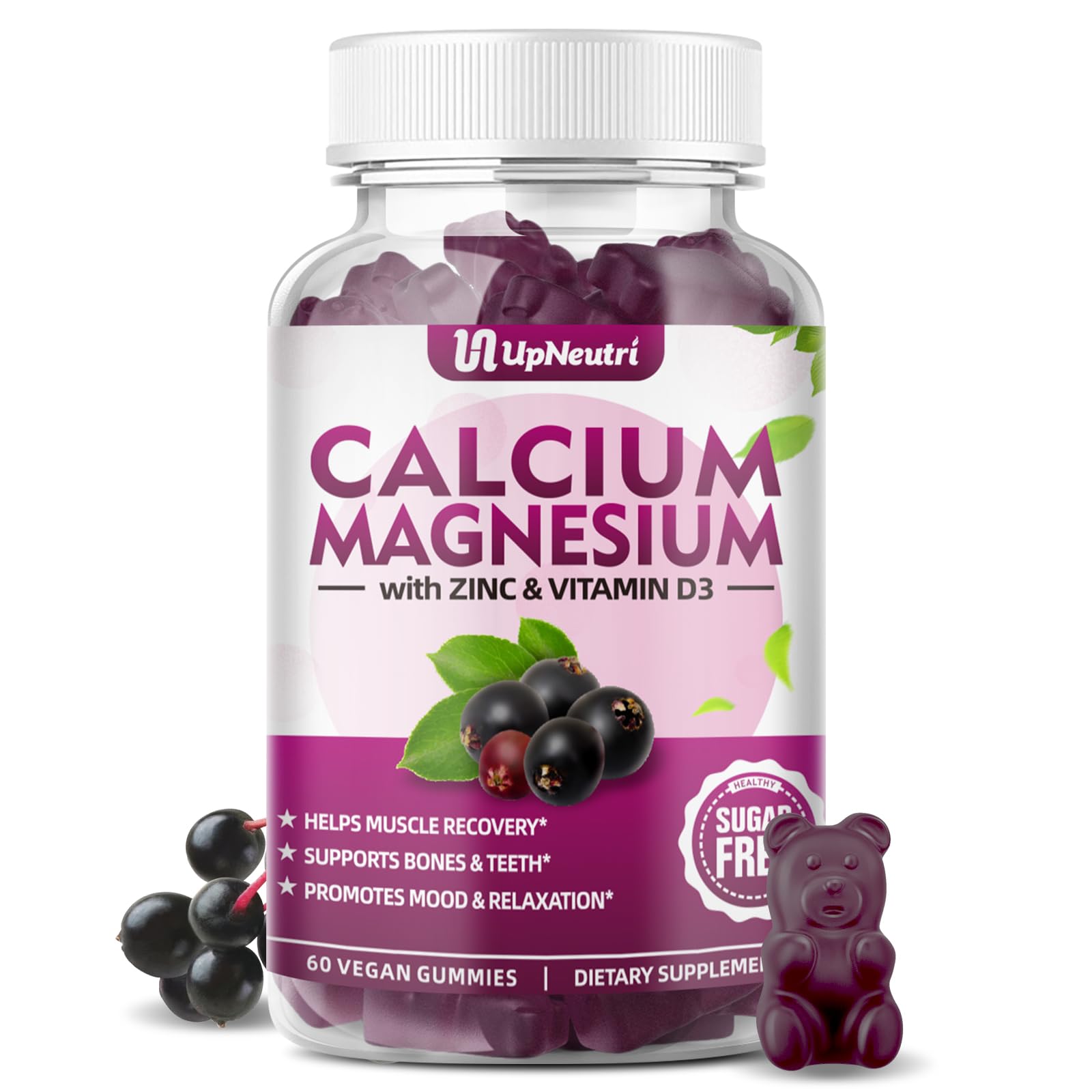 Calcium Magnesium Zinc with Vitamin D3 Supplement, Sugar Free Calcium Gummies for Women Men, High Absorption Zinc Gummies for Bone & Muscle & Immune Health, Vegan Elderberry Flavor - 60 Count