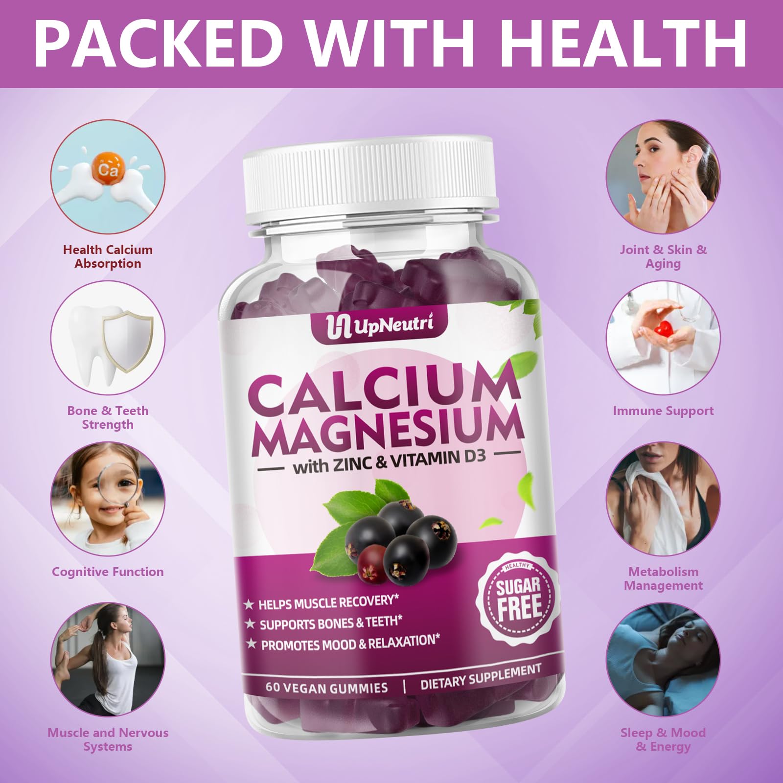 Calcium Magnesium Zinc with Vitamin D3 Supplement, Sugar Free Calcium Gummies for Women Men, High Absorption Zinc Gummies for Bone & Muscle & Immune Health, Vegan Elderberry Flavor - 60 Count