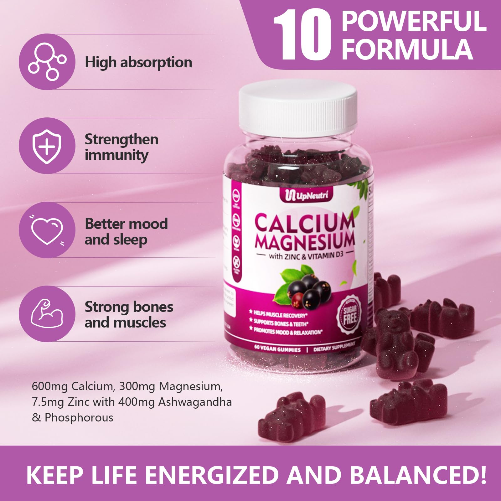 Calcium Magnesium Zinc with Vitamin D3 Supplement, Sugar Free Calcium Gummies for Women Men, High Absorption Zinc Gummies for Bone & Muscle & Immune Health, Vegan Elderberry Flavor - 60 Count