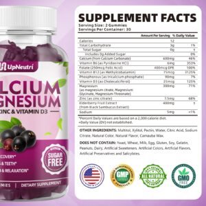 Calcium Magnesium Zinc with Vitamin D3 Supplement, Sugar Free Calcium Gummies for Women Men, High Absorption Zinc Gummies for Bone & Muscle & Immune Health, Vegan Elderberry Flavor - 60 Count