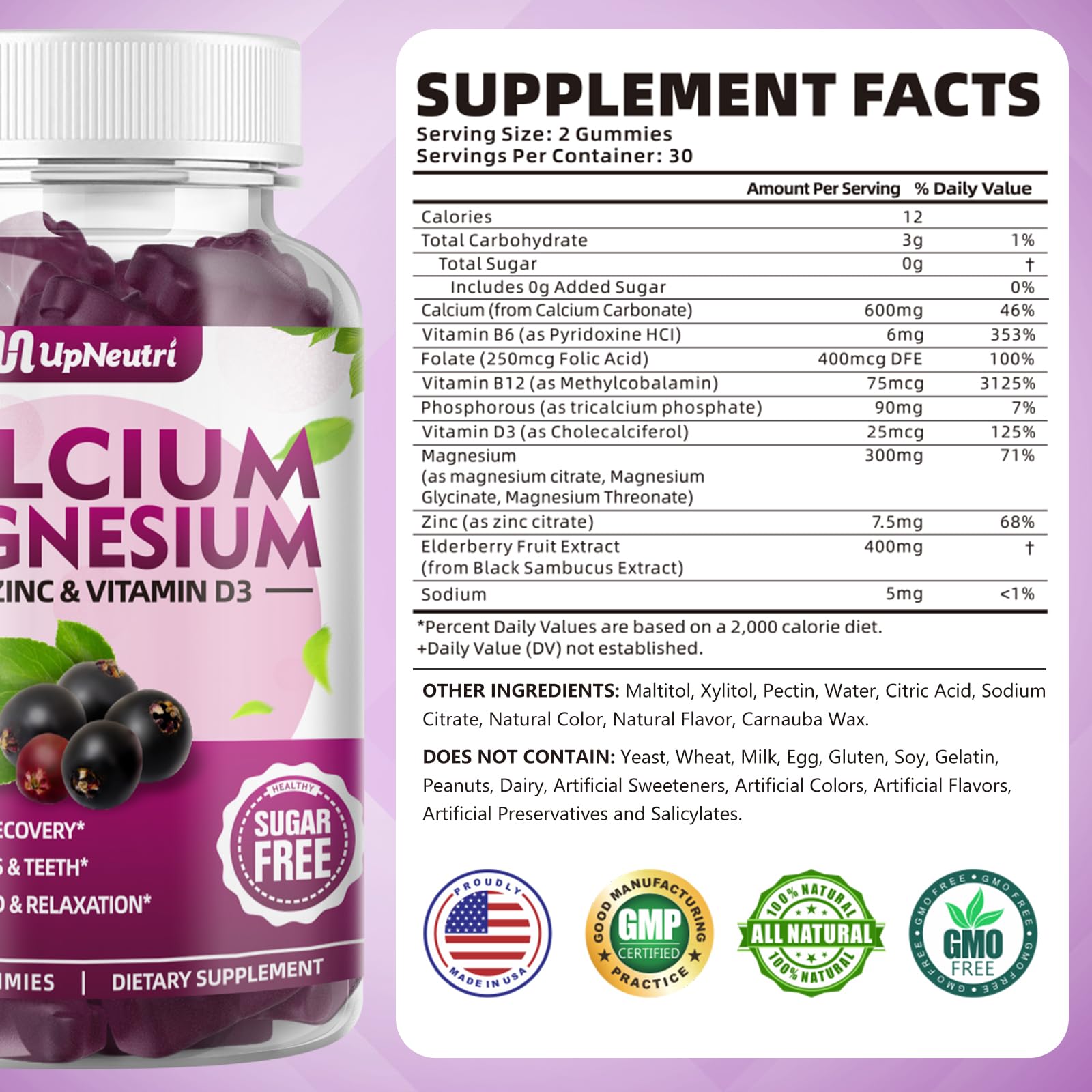 Calcium Magnesium Zinc with Vitamin D3 Supplement, Sugar Free Calcium Gummies for Women Men, High Absorption Zinc Gummies for Bone & Muscle & Immune Health, Vegan Elderberry Flavor - 60 Count