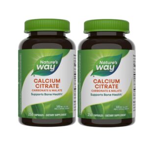 nature's way calcium citrate - 500 mg calcium per 2-capsule serving - for bone health & muscle function* - blend of citrate, carbonate & malate - gluten free - 250 capsules (2 pack)