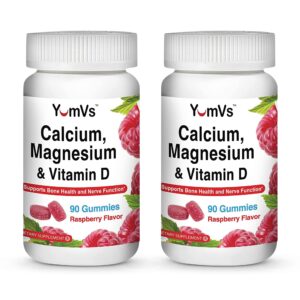 yum-v calcium, magnesium, vitamin d3 gummies (90 count) vitamin gummies for women, men & kids - calcium supplement for strong bone health - gummy vitamin d calcium chews - certified kosher - pack of 2