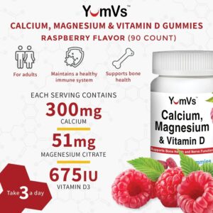 Yum-V Calcium, Magnesium, Vitamin D3 Gummies (90 Count) Vitamin Gummies for Women, Men & Kids - Calcium Supplement for Strong Bone Health - Gummy Vitamin D Calcium Chews - Certified Kosher - Pack Of 2