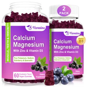 high absorption calcium magnesium zinc gummies, sugar free calcium magnesium supplement with potassium vitamin d3 for bone & teeth strength, muscle function - vegan, blueberry flavor 120 cts