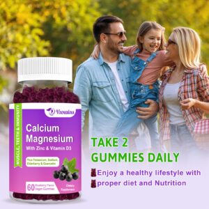 High Absorption Calcium Magnesium Zinc Gummies, Sugar Free Calcium Magnesium Supplement with Potassium Vitamin D3 for Bone & Teeth Strength, Muscle Function - Vegan, Blueberry Flavor 120 Cts