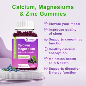 High Absorption Calcium Magnesium Zinc Gummies, Sugar Free Calcium Magnesium Supplement with Potassium Vitamin D3 for Bone & Teeth Strength, Muscle Function - Vegan, Blueberry Flavor 120 Cts