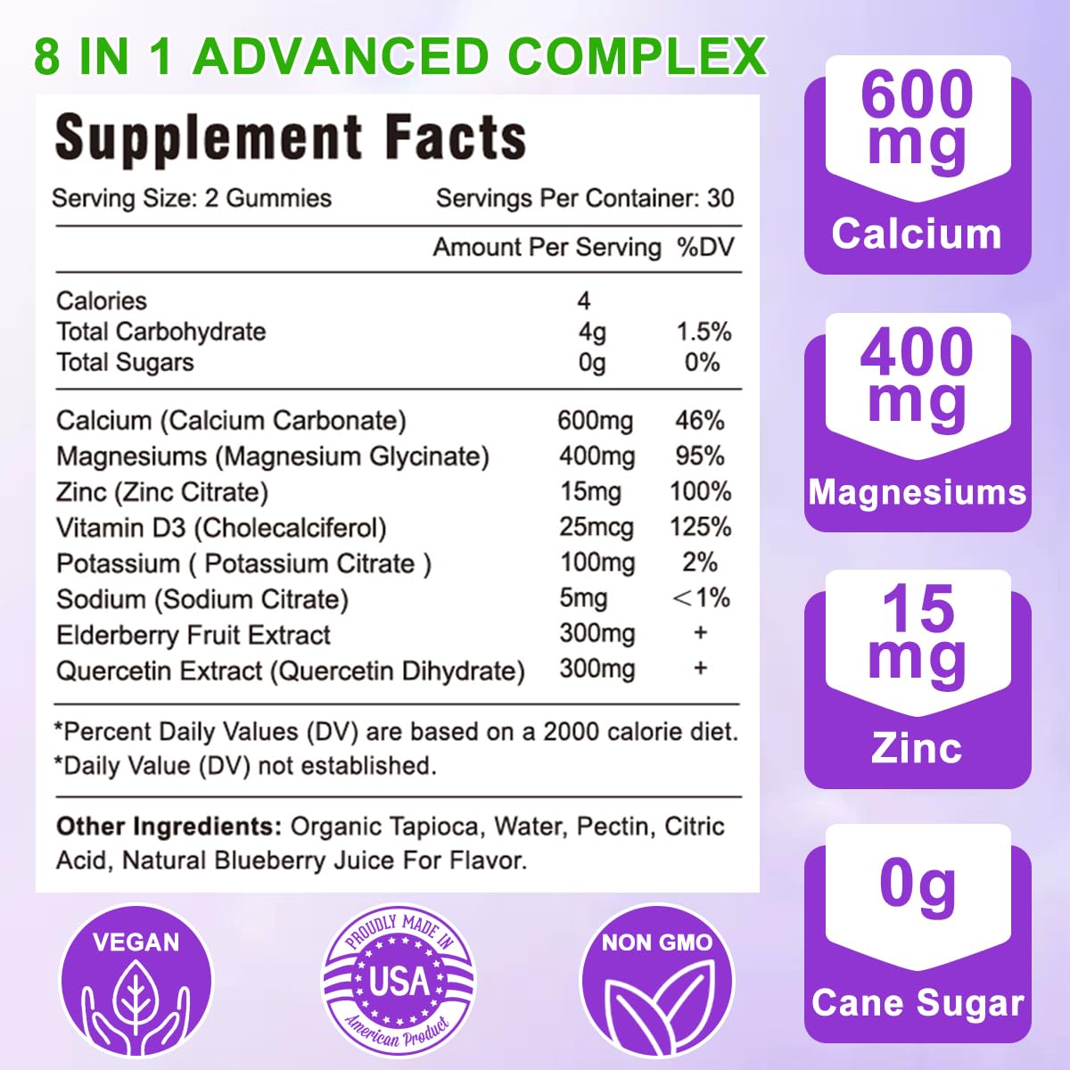 High Absorption Calcium Magnesium Zinc Gummies, Sugar Free Calcium Magnesium Supplement with Potassium Vitamin D3 for Bone & Teeth Strength, Muscle Function - Vegan, Blueberry Flavor 120 Cts