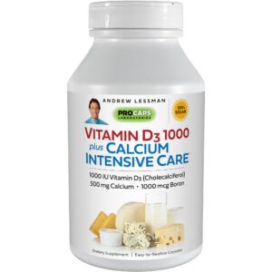 andrew lessman vitamin d3 1000 plus calcium intensive care 180 capsules – essential for calcium absorption, supports bone health, healthy muscle function. gentle, easy-to-absorb. no additives