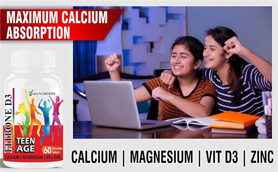 Minton Well-C Fitbone d3 Calcium for Kids Teenagers with Magnesium Zinc Vitamin D and B12 for Strong Bones | Immunity | Growth | Height (10-16 Years)-60 Chewable Tablets