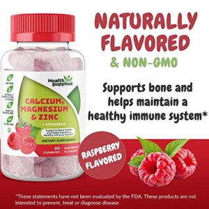 Calcium Magnesium & Zinc + Vitamin D Gummies | Bone Health Immune Health Energy and Muscle Function | Daily Dietary Vitamin Supplement | for Adults, Teens | Fruity Raspberry Flavor