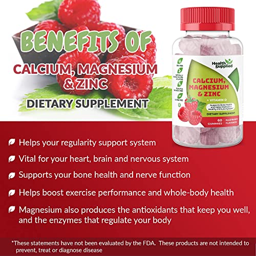 Calcium Magnesium & Zinc + Vitamin D Gummies | Bone Health Immune Health Energy and Muscle Function | Daily Dietary Vitamin Supplement | for Adults, Teens | Fruity Raspberry Flavor